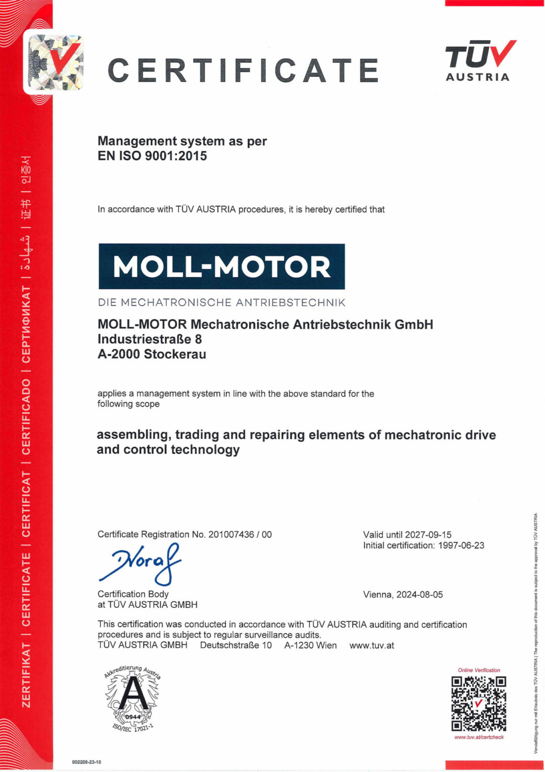 ISO 9001:2015: Recertification successfully completed – MOLL-MOTOR